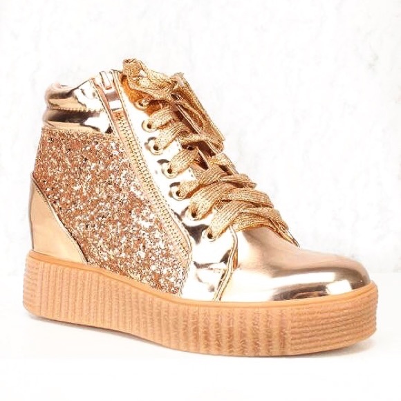 Shoes | Last Ones75 Rose Gold Sequin Sneaker Wedges | Poshmark